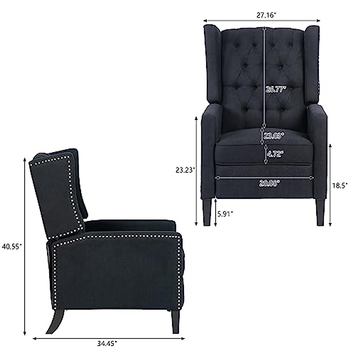 CALABASH Push Back Recliner Chair, Upholstered Wingback Chair Tufted Armchair Mid Century Modern Lounge Recliners for Small Spaces, Living Room, Bedroom,Home Theater,Black