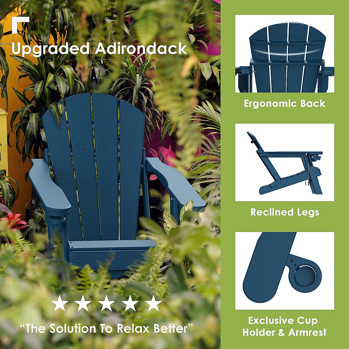 GREENVINES Adirondack-Chairs-with-Ottoman | Set of 2 | Folding | Retractable-Footrest | HDPE Plastic | All Weather Fire Pit Chair | Cup Holders | Blue | for Outdoor Poolside