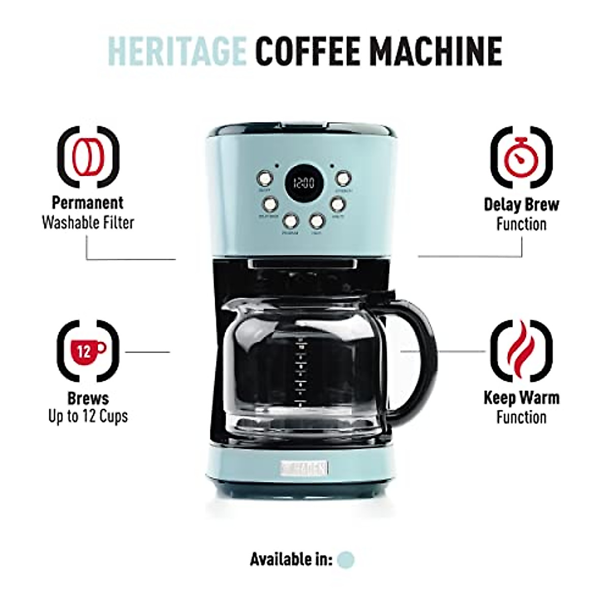 HADEN 75032 Heritage Innovative 12 Cup Capacity Programmable Vintage Retro Home Countertop Coffee Maker Machine with Glass Carafe, Turquoise Blue