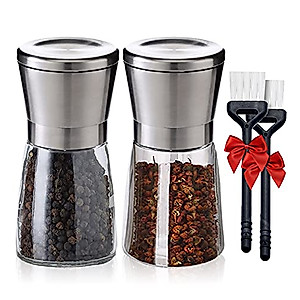 Professional Salt and Pepper Grinder Set of 2 - Brushed 304 Stainless Steel, Adjustable Ceramic Coarseness, Pepper, Sesame, Spice Salt Shaker, Pepper Grinder, Added Bonus Two Cleaning Brush- 6 Oz