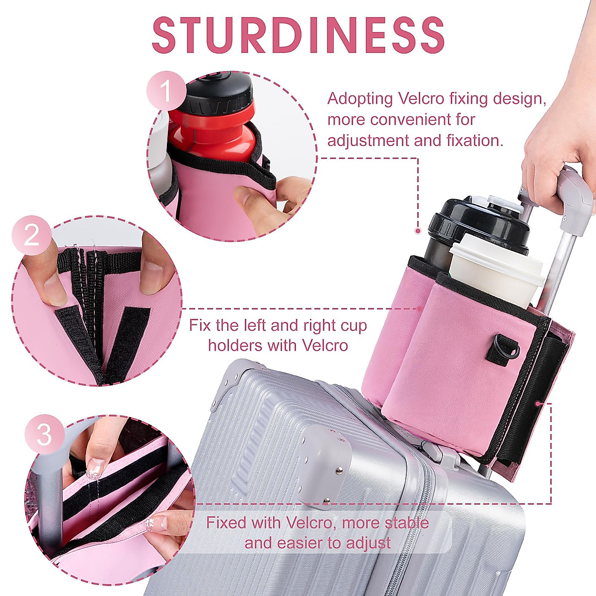 Luggage Cup Holder Travel Drink Bag Luggage Drink Caddy with Shoulder Strap, Thermal Insulation and Zipper Pocket, Travel Accessories Gifts for Flight Attendants, Fits Roll on Suitcase Handles (Pink)
