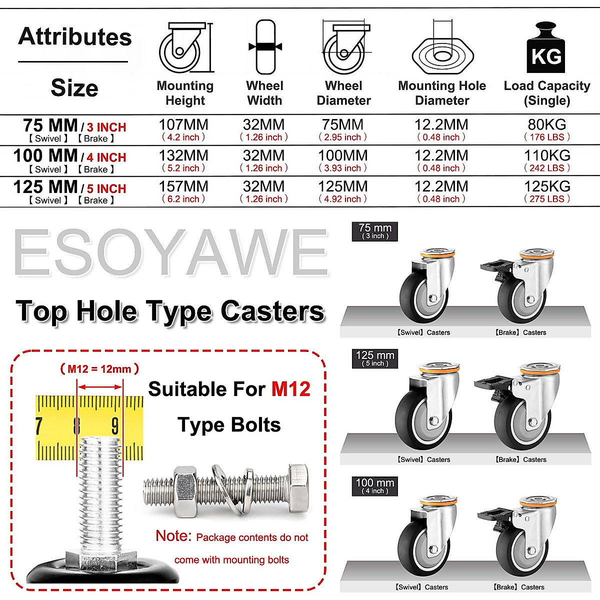 Heavy Duty TPE Rubber Swivel Caster Wheel 4 Pcs, Ø 3in 4in 5in Silent Furniture Replacement Casters, Suitable for M12 Type Bolts Top Hole Type Caster Wheels with Brakes