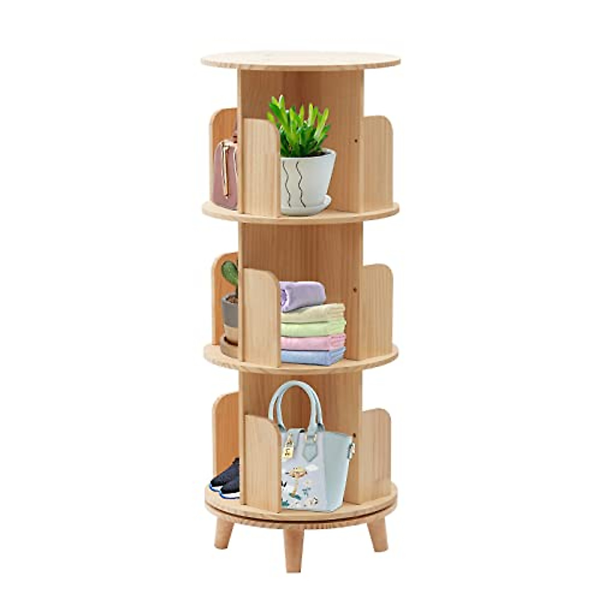 BJTDLLX Rotating Bookshelf, 3 Tiers Freestanding Storage Shelf with Support Legs, 360° Rotating Bookshelf Round Bookcase Magazines A4 Papers Organizer, for Home Office Living Room, Wood 3 Tiers