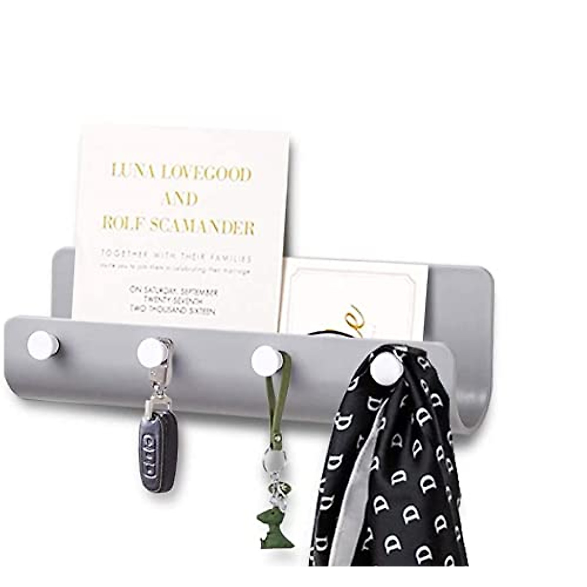 LuoCoCo Plastic Mail Key Holder for Wall, Modern U Shape Letter Shelf Organizer with 4 Hooks and 2 Self Adhesive Tape for Entryway Kitchen Bathroom Office Holding Phones Purse Masks, White/Grey (Grey)