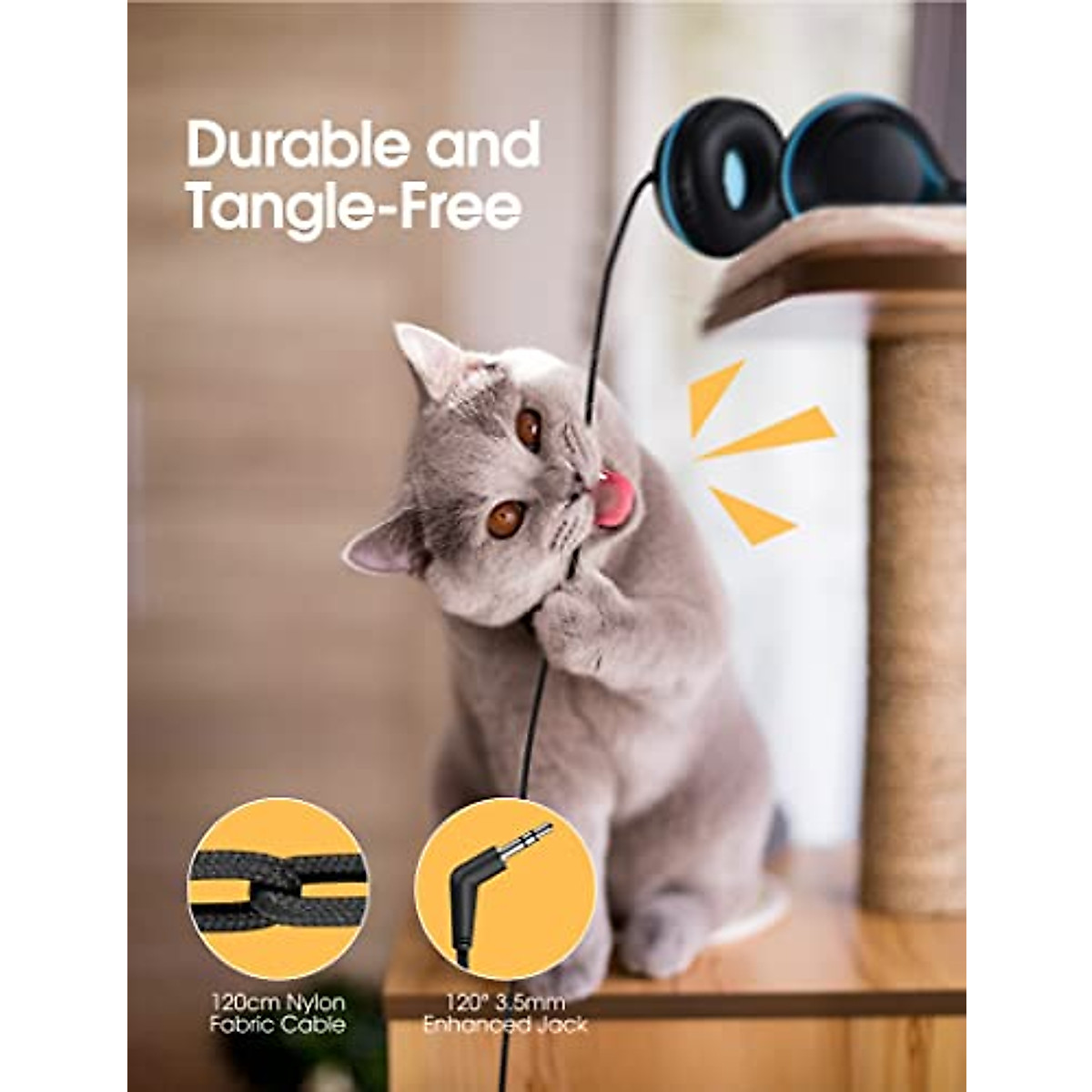 TUNEAKE Kids Headphones, Foldable Stereo On-Ear Kids Headset, 94dB Volume Limited, Adjustable Headband Headphones for Kids Teens, Tangle-Free 3.5mm Jack School Headphones for iPad Tablet, Blue Black