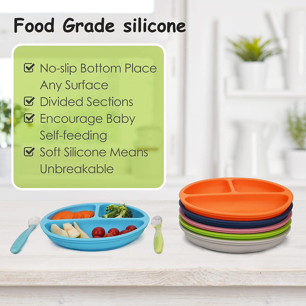 KingKam Kids Divided Plates -100% Safe BPA Free Soft Silicone Baby Toddler Plate, Dishwasher-Microwave Safe & Unbreakable Feeding set