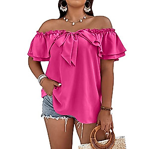 MakeMeChic Women's Plus Size Off Shoulder Tie Front Layered Ruffle Short Sleeve Blouse Top Hot Pink 2XL