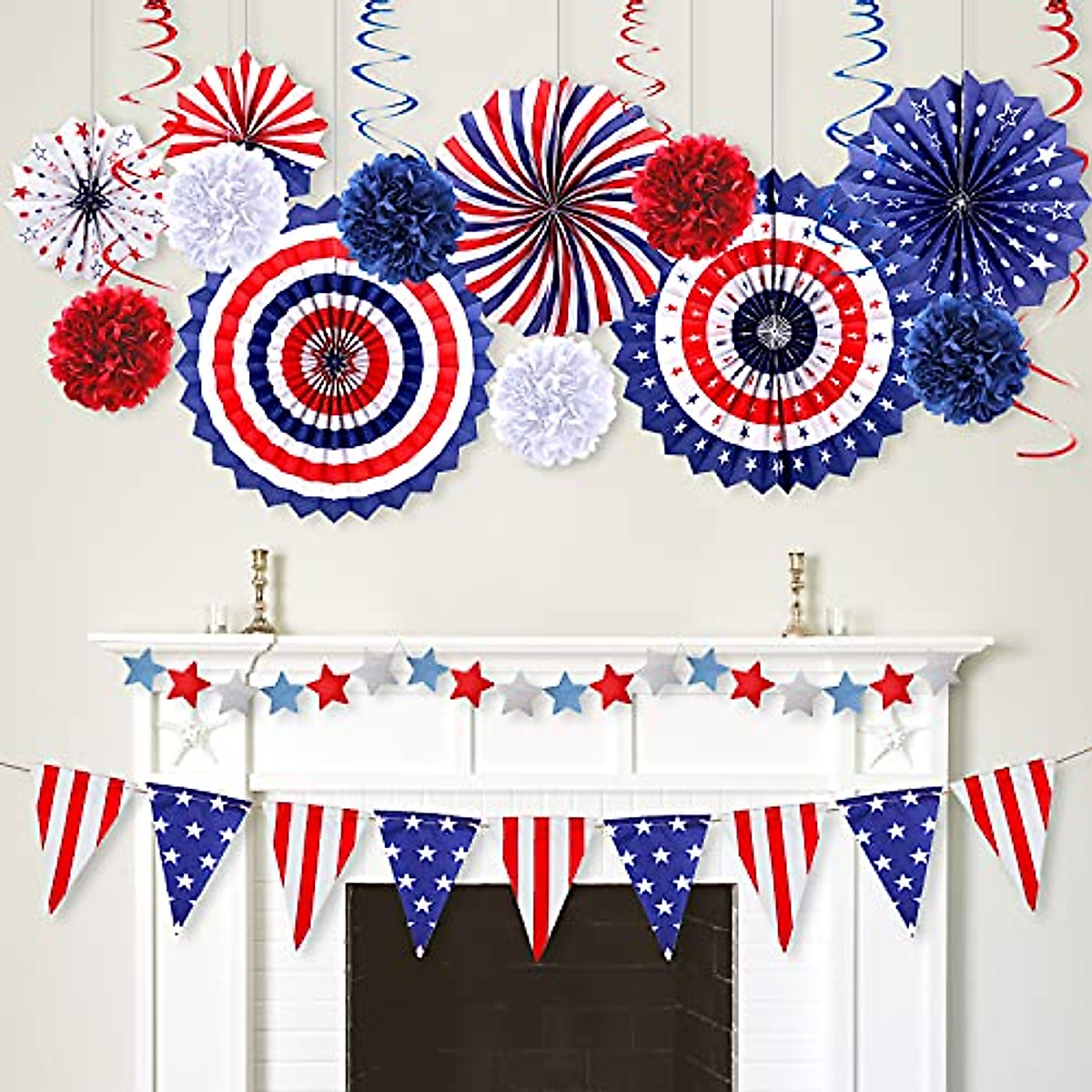 46pcs 4th of July Patriotic Decorations - Fourth of July Decor American Flag Party Supplies - USA Flag Pennant, Red White Blue Paper Fans, Cupcake Toppers, Star Streamer, Hanging Swirls Party Decor