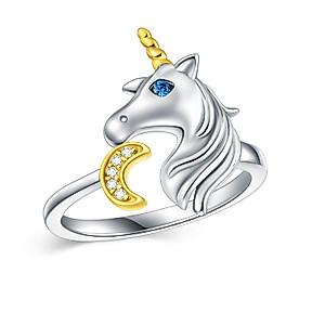 LONAGO Unicorn Ring with Moon Sterling Silver Unicorn Stacking Ring for Women (silver, 7)
