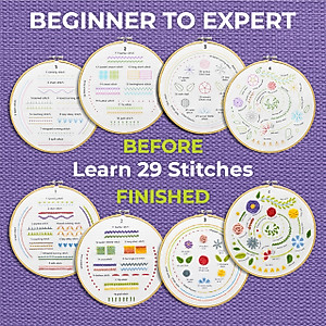 Craftwiz 4 Set Starter Embroidery Kit for Beginners Adults and Teens with Simple Embroidery Patterns, Beginner Embroidery Kit for Adults, Learn to Embroider 29 Stitches with Hand Embroidery Kit