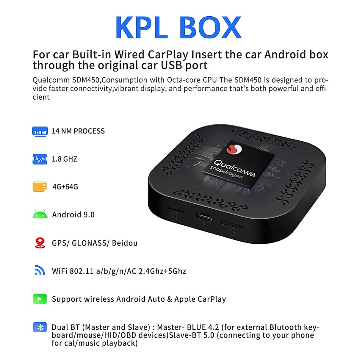 LEXXSON Wireless CarPlay Android Ai Box Wired to Wireless Android 9 Qualcomm Octa-core 4G+64G, Plug and Play