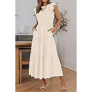 ZESICA Women's 2023 Summer Casual Flutter Short Sleeve Crew Neck Smocked Elastic Waist Tiered Midi Dress,Apricot,Large