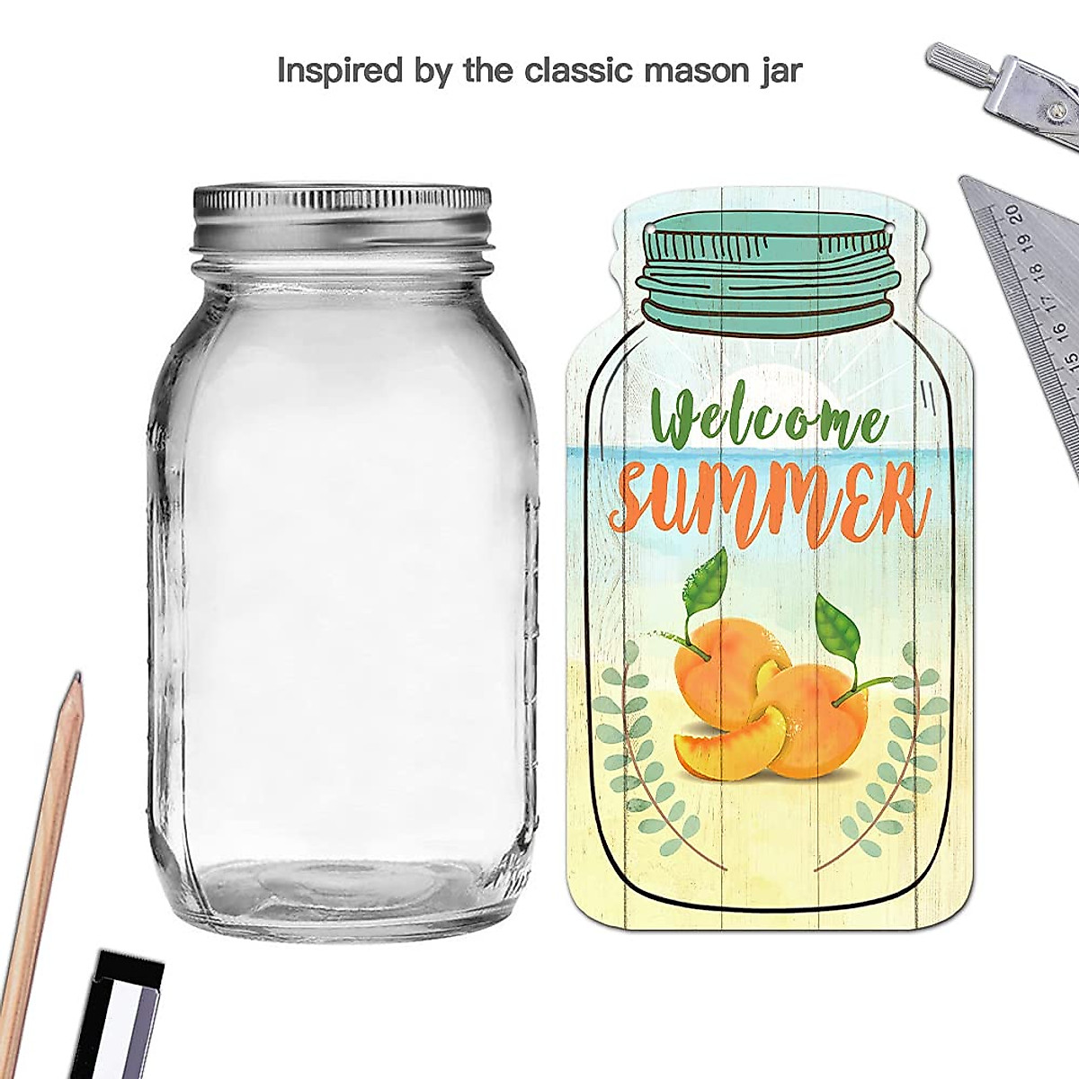 Putuo Decor Yellow Peach Mason Jar Sign, Summer Fruit Decorations for Garden, Yard, Patio, Porch, Front Door, 8.3x4.5 Inches Hanging Wall Plaque - Welcome Summer