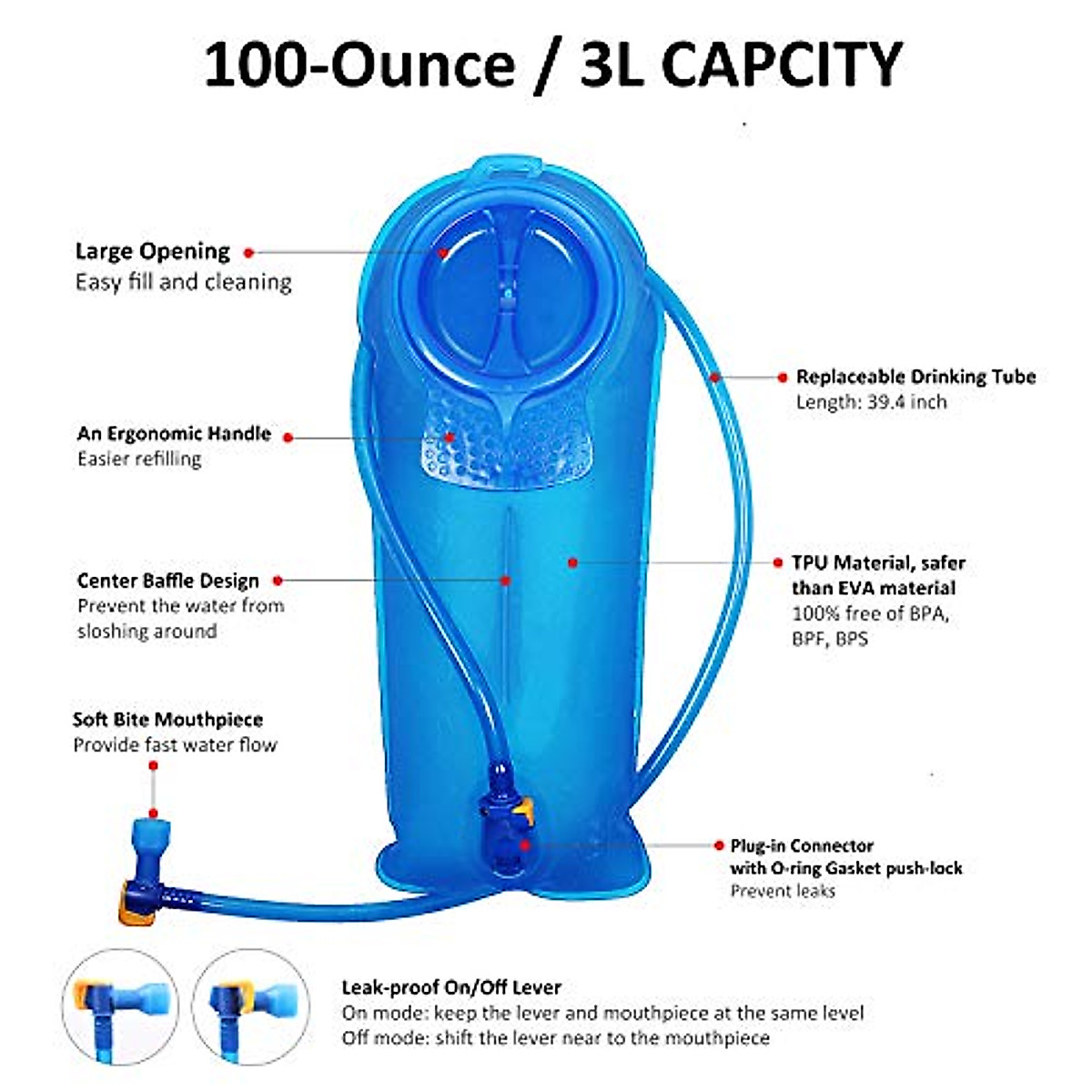 Unigear Hydration Water Bladder Reservoir BPA Free and Taste Free for Backpacking, Biking, Hiking and Camping (Blue, 2L)