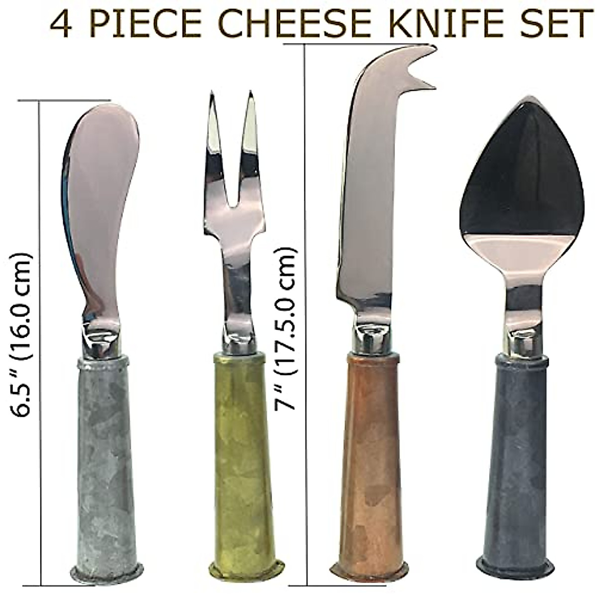 Galrose Cheese Knife Set Premium Quality - Galvanized Iron Handle Stainless Steel Blade Rustic 4 Piece Cheese Knives or Charcuterie Utensils Set for Hosting. Gift for 6th Iron Wedding Anniversary