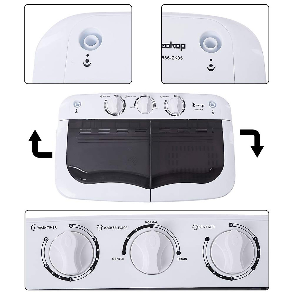 Portable Mini Compact Twin Tub Washing Machine,Portable Washing Machine,with Built-in Drain Pump Semi-automatic Cover Washing Machine (Grey&White, 14.3lbs)