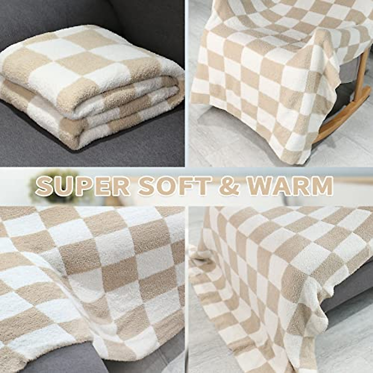 QQP Checkered Throw Blanket,Soft Cozy Microfiber Reversible Checkerboard Fluffy Throw Blanket,50X60In Blanket for Home Bed Couch.（Camel&White）