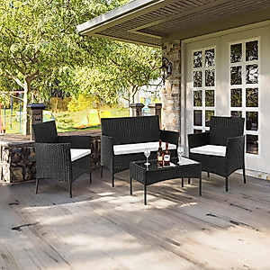 Outvita 4 Pieces Patio Furniture Set, Rattan Conversation Sets with Loveseat Soft Cushion and Glass Table for Garden Backyard Balcony Porch Poolside(Black)