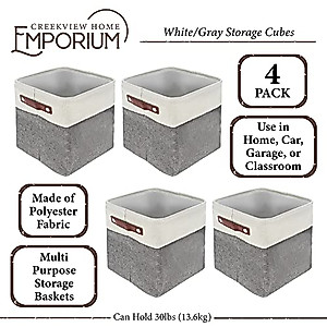 CreekView Home Emporium Fabric Cube Storage Bins 4 Pack - 10 x 10in White/Gray Foldable Storage Cubes for Organization