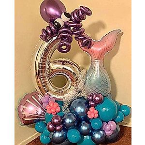 7pcs Mermaid Balloons Number Balloons for 1st 2nd 3rd Birthday Party Girls' Mermaid Tail Decoration Supplies (6 Number)