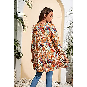 ENMAIN Women's Tunics Tops Plus Size Loose Fit 3/4 Sleeve Top Dressy Casual Swing Paisley Floral Orange Crewneck Hide Belly Tunic Tops to wear with Leggings