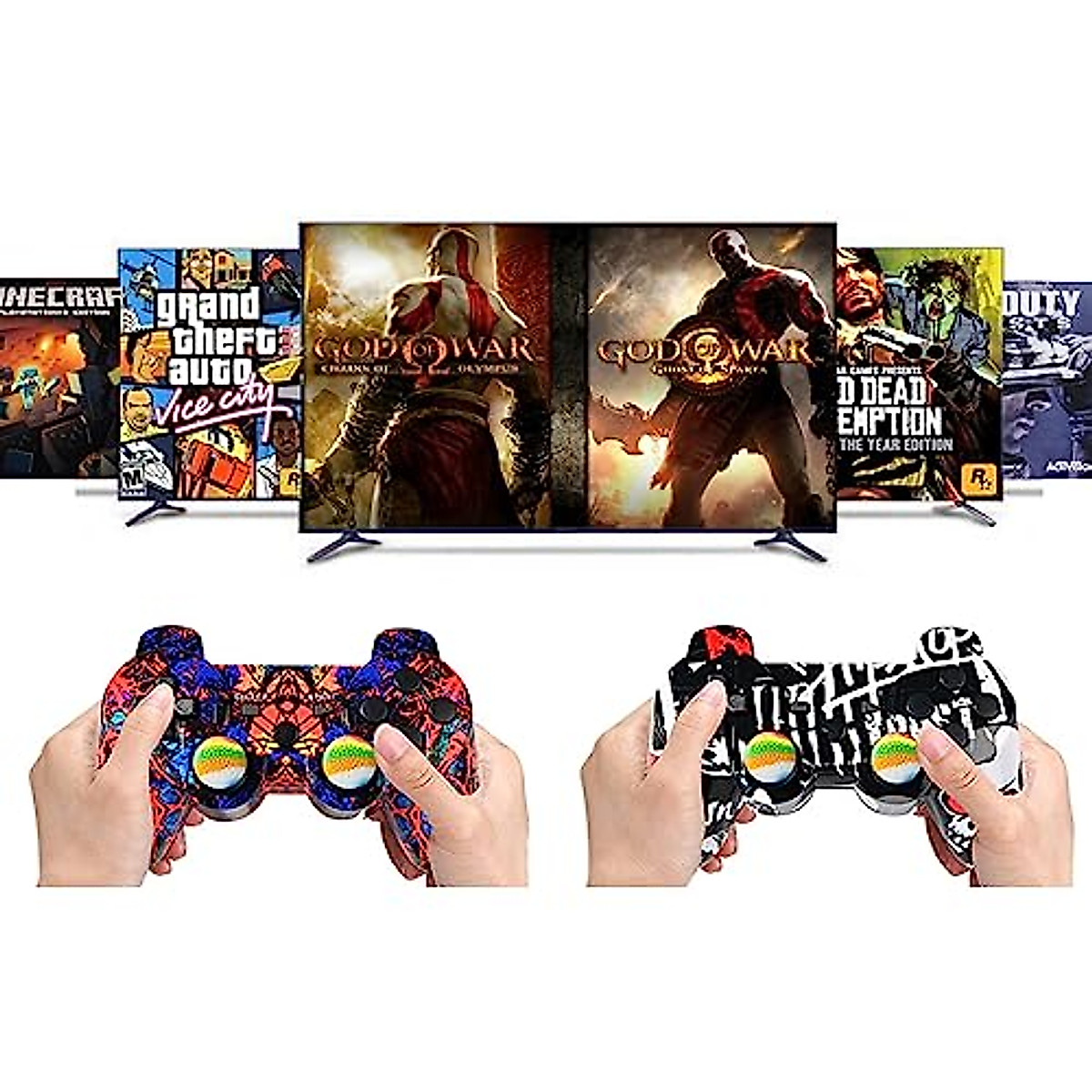 Drimoor 2 Pack Wireless Controller for PS3 - Double Vibration Motion Sense Remote Compatible with Playstation 3 with Charging Cable and Thumb Grip Caps