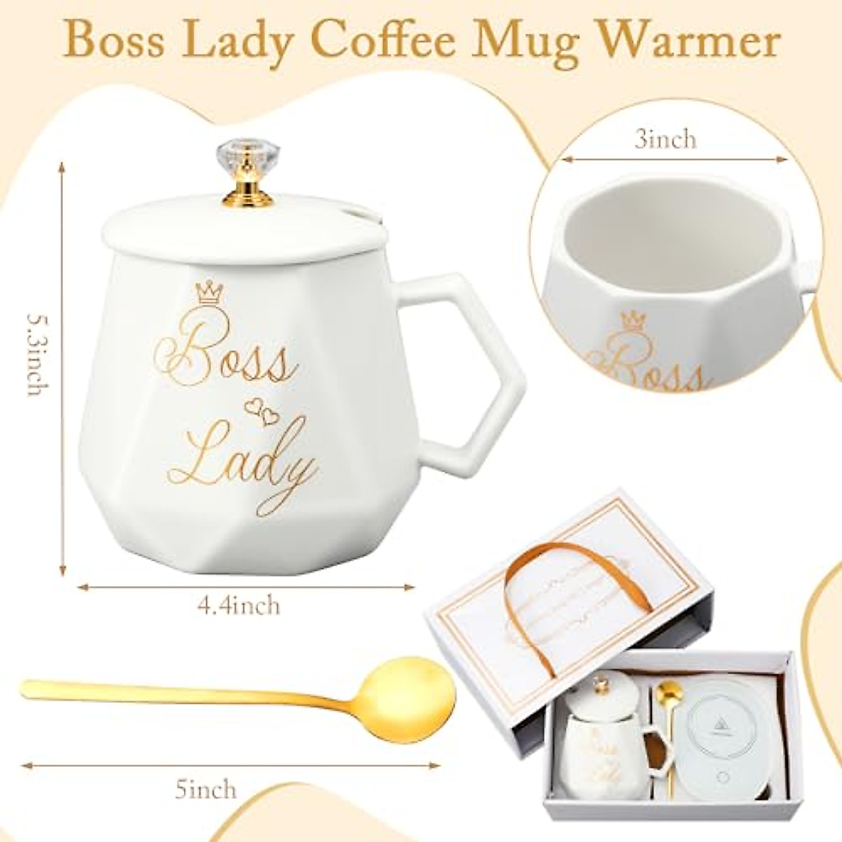 Hushee Lady Coffee Mug Warmer for Women 13.5 Oz Cup Warmer with Mug Set Electric Tea Water Warmer Appreciation Cup Heater with Lid Spoon and Coaster for Desk Office Home Birthday Gifts (White)
