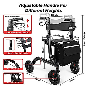 Henmnii Rollator Walker for Seniors, Lightweight Foldable All Terrain Rolling Walker with seat, Aluminum Walkers with 8 inch Rubber Wheels, Handles and Backrest for Seniors and Adult
