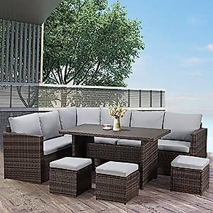 Wumiokio Patio Furniture Set, 7 Pieces Outdoor Patio Furniture with Dining Table&Chair, All Weather Wicker Conversation Set with Ottoman,Grey…