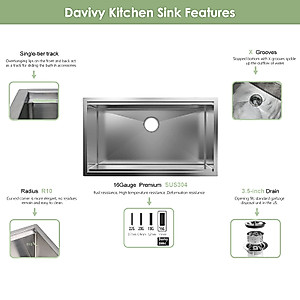 Davivy Undermount Kitchen Sink, 22inch Workstation Sink Single Bowl 16Gauge 10inch Deep Prep Kitchen Sinks (Undermount(22"Lx18"Wx10"D), Stainless Steel)