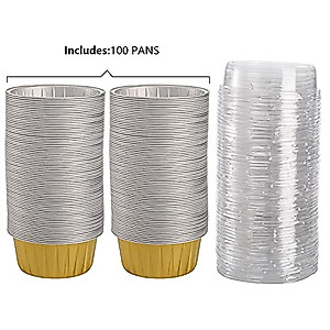 DEAYOU 100-Pack Aluminum Foil Baking Cups with Lids, 5oz Disposable Muffin Cupcake Ramekins, 3" Recyclable Cupcake Foil Liners Mini Tart Pie Tin Pan Holder for Souffle, Pudding, Party, Wedding, Gold