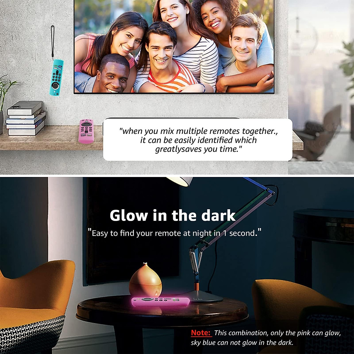 (2 Pack) ONEBOM Silicone TV Remote Cover Case, Anti Slip Silicone Protective Control Case Cover with Lanyard（Glow Pink&Sky Blue）