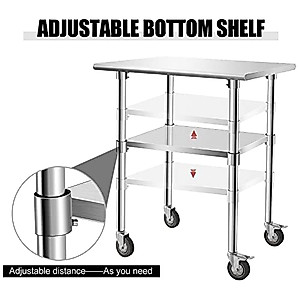 Hasopy Food Prep Stainless Steel Table 30" x 24", Heavy Duty Workbench with Adjustable Under Shelf, Commercial Worktable with 4 Casters for Commerical Kitchen, Restaurant, Home and Hotel