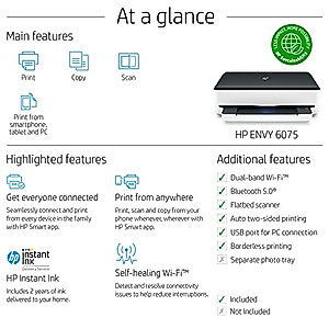 HP Envy 6075 Wireless All-in-One Color Inkjet Printer, White/Black - Print Scan Copy - 10 ppm, 4800 x 1200 dpi, Auto 2-Sided Printing, Borderless Printing, Bluetooth, USB