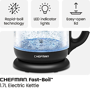 Chefman 1.7 Liter Electric Glass Tea Kettle, Fast Hot Water Boiler, One Touch Operation, Boils 7 Cups, Swivel Base & Cordless Pouring, Auto Shut-Off