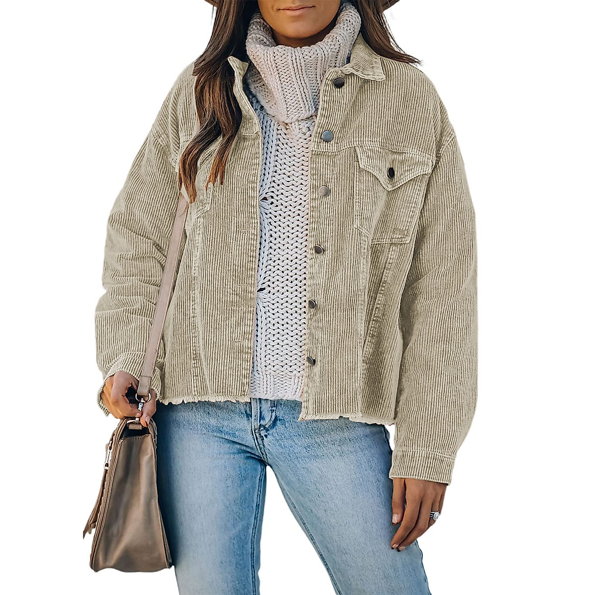 Dokotoo Womens Ladies Winter Autumn Fashion Oversized Long Sleeve Corduroy Jackets for Women Fashion Button Up Shacket Short Raw Hem Coats Outerwear with Pockets S Khaki
