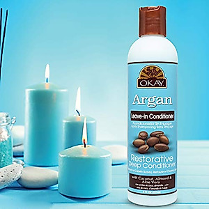 OKAY | Argan Leave In Conditioner | For All Hair Types & Textures | Restore, Hydrate & Smooth Hair | With Coconut, Almond, & Aloe Vera | Free Of Parabens, Silicones, Sulfates | 8 Oz