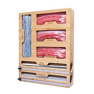 Silk N Sage Bamboo Storage Bag Organizer - 6 in 1 Foil and Plastic Wrap Organizer with Cutter suitable for Gallon, Quart, Sandwich Bag and Wrapping Papers.