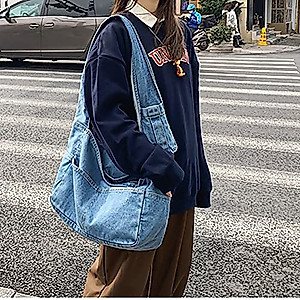 Women's Retro Denim Shoulder Bag Hobo Crossbody Handbag Grunge Aesthetic Harajuku Tote Hippie Boho Sling Bag (Light Blue)