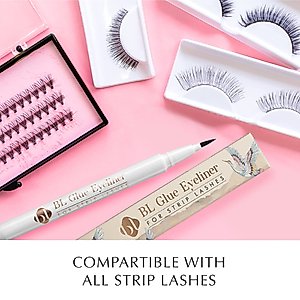 BL Lashes Glue Eyeliner for False Lashes | 2-in-1 Felt-Tip Eyelash Adhesive and Eyeliner, Easy to use, Extra Strong Hold for Strip Lashes 0.7ml/0.02fl Oz