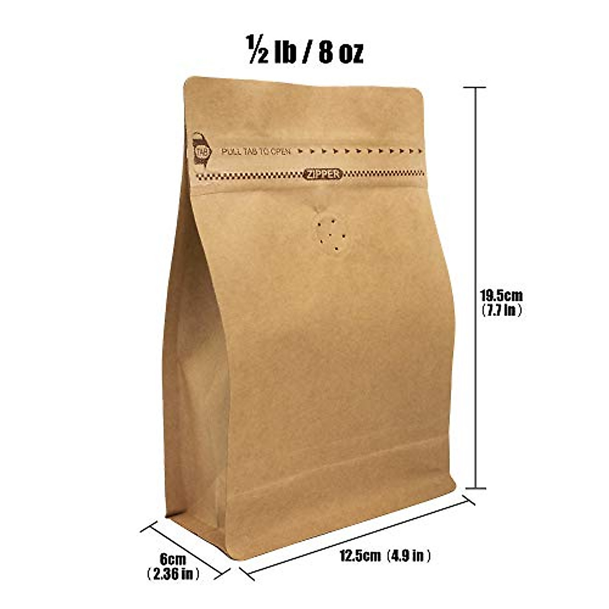 Natural Kraft Coffee Pouches, Resealable Coffee Bag with valve, Flat Bottom Pull Tab Zipper (50pcs / 8oz, 0.5lb, 227gram)