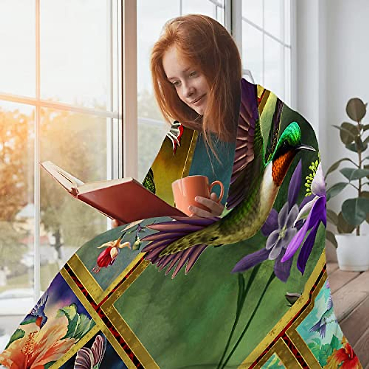 Hummingbird Blanket Summer Blanket Queen Spring Fleece Blanket Huming Birds Throw Blanket Lightweight Blanket Gift Plush Fleece Blanket Hummingbird Themed Gifts for 4TH July Girls Women Bird Lover