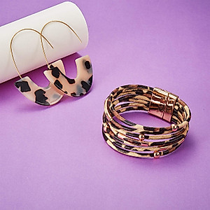 Hicarer Leopard Bracelets and Earrings Cheetah Bracelets Tortoise Shell Earrings Multilayer Leather Wrap Bracelets Large Wrists Boho Accessories