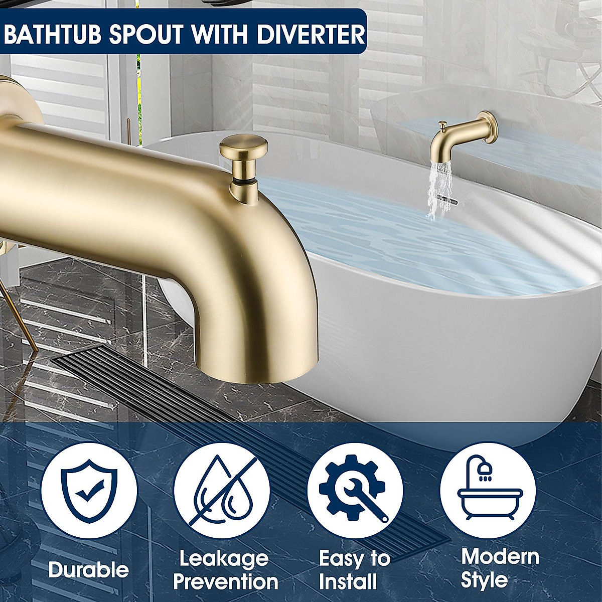 Sperwoesy Slip-On Tub Spout with Diverter Long for Bathtub Spout, Fit for 1/2 Inch Slip Pipe, Brushed Gold