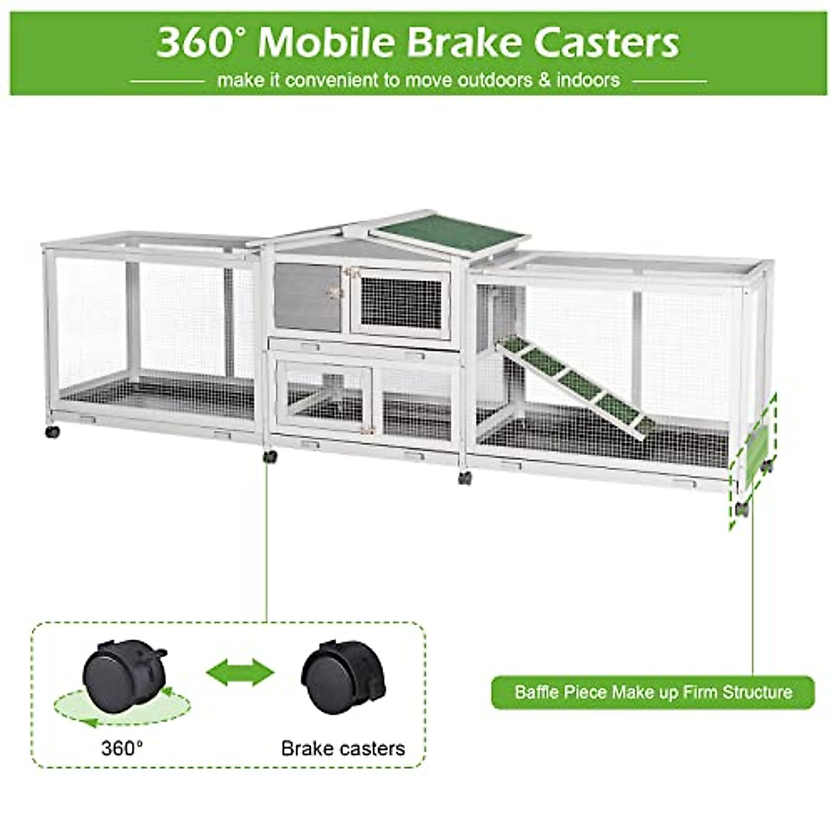 Esright Rabbit Hutch 94.5'' Bunny Cage Two Run Cage Outdoor Wooden Small Animal House on Run, with Removable Tray & Anti-Slip Ramp