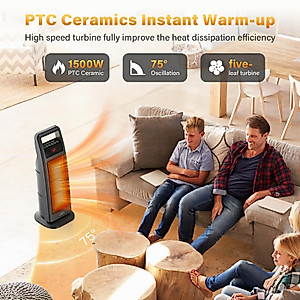 JRD Space Heater Indoor with Thermostat, 24 inch Portable Heater with 75°Oscillation, 1500W PTC Ceramic Heater with remote, 3 Modes, 8h Timer, Safety Electric Heaters for Bedroom Home Office