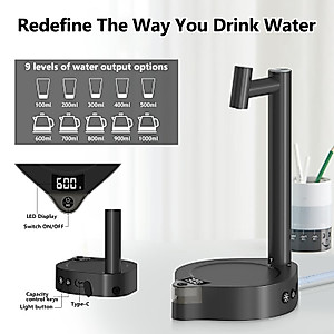 Desktop Water Bottle Dispenser - Smart Night Lights Countertop Water Dispenser 10 Levels Pumping for 5 Gallon Universal Bottle, Intelligent Portable USB-C Charging Water Pump for Home, Office, Outdoor