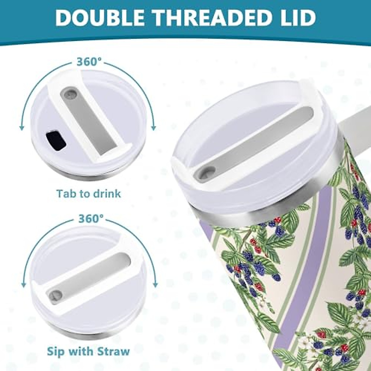 Emelivor Berries Leaves Stripes 30 oz Tumbler with Lid and Straw Insulated Tumblers with Handle Leak Proof Travel Coffee Mug Water Cup Bottles Fits in Car Cup Holder