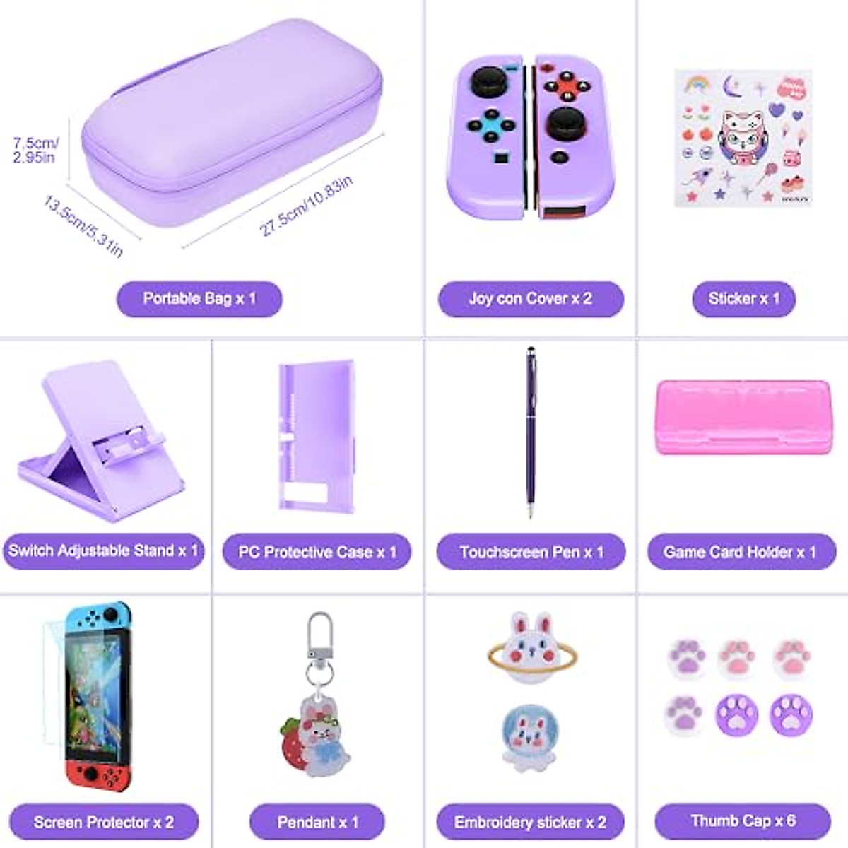 innoAura Switch Case for NS Switch 19 in 1 Switch Accessories Bundle with Switch Carrying Case, Switch Game Case, Switch Screen Protector, Switch Stand, Switch Thumb Grips (Purple)