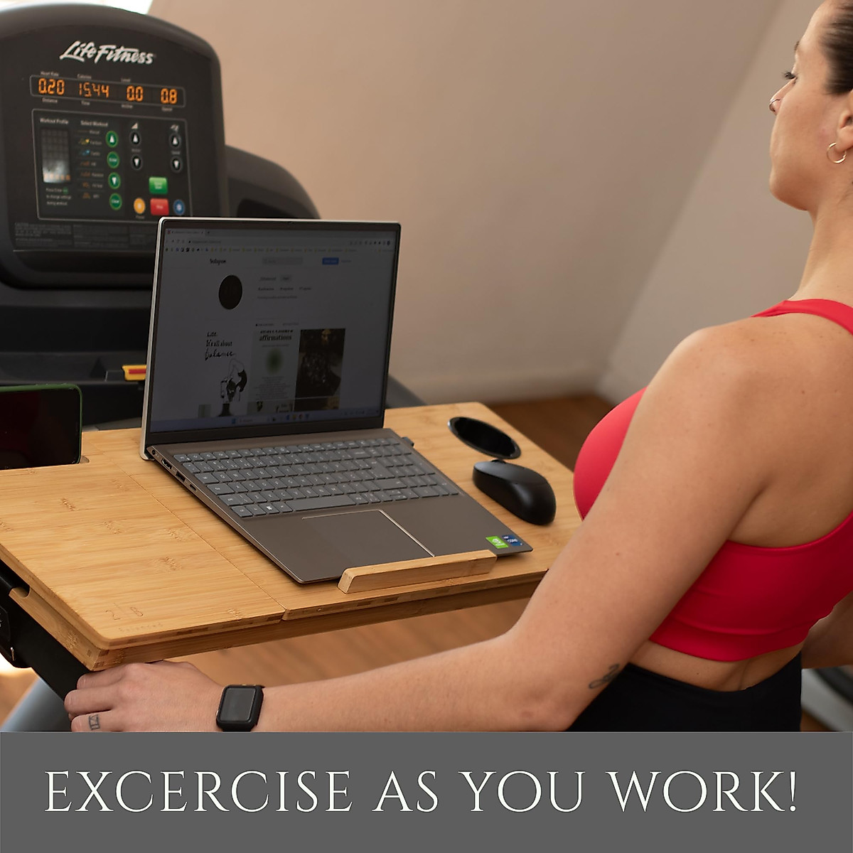 2B Balanced Treadmill Desk Attachment | Fits Treadmills Up to 32" Wide | Crafted from Bamboo | Adjustable Height for Better Posture | Securely Holds Laptop, iPad, Phone, Book